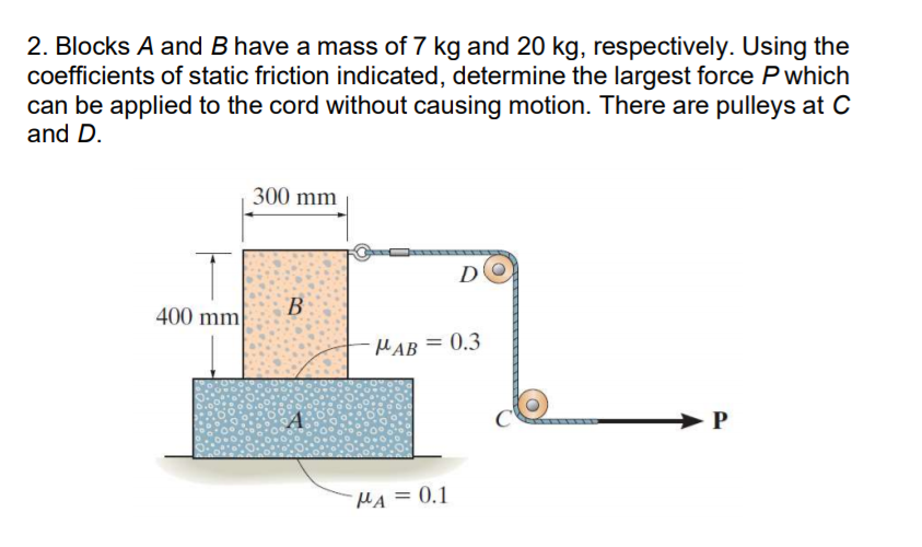 Solved 2. Blocks A and B have a mass of 7 kg and 20 kg, | Chegg.com