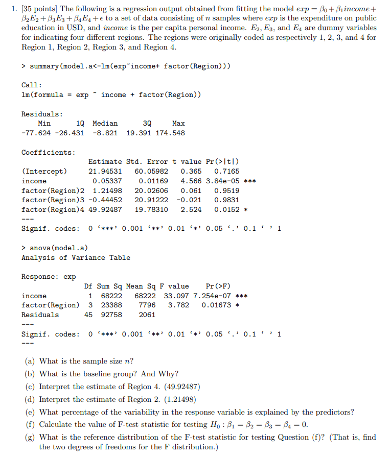 Solved 1. [35 points] The following is a regression output | Chegg.com