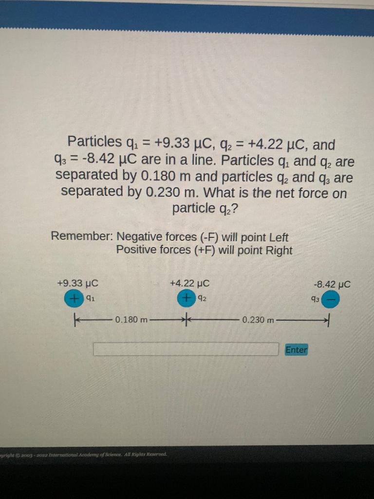 Solved Particles q1=+9.33μC,q2=+4.22μC, and q3=−8.42μC are | Chegg.com