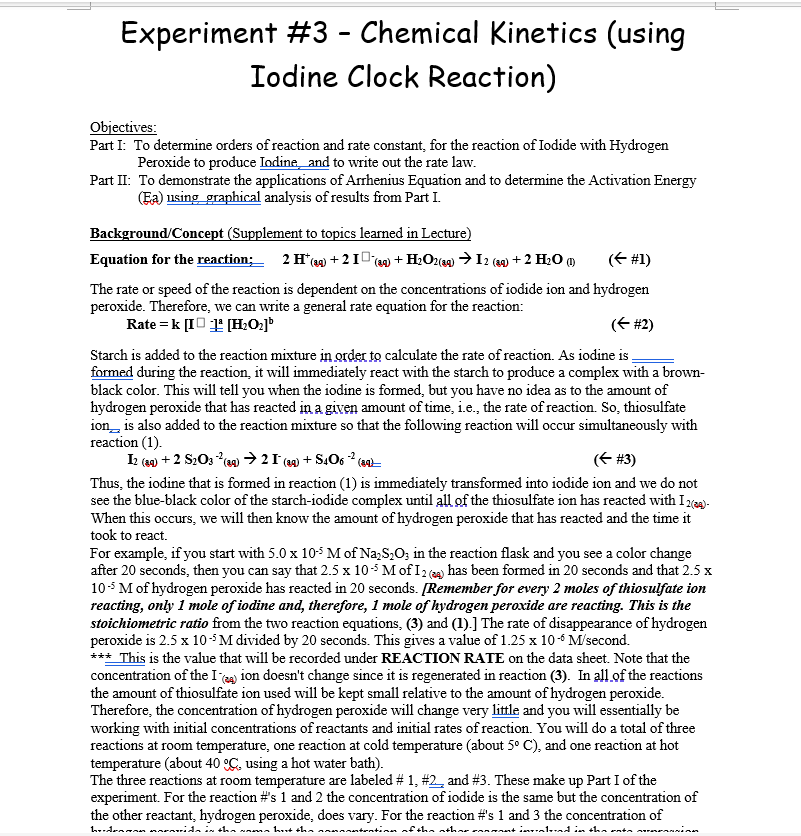 Experiment \#3 - Chemical Kinetics (using Iodine | Chegg.com