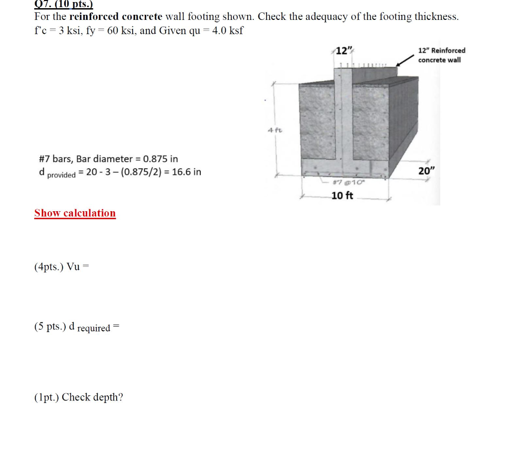 Solved 07. (10 pts.) For the reinforced concrete wall | Chegg.com
