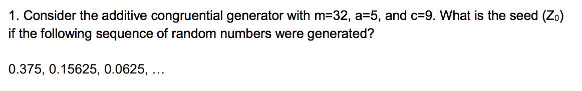 Solved 1. Consider the additive congruential generator with | Chegg.com