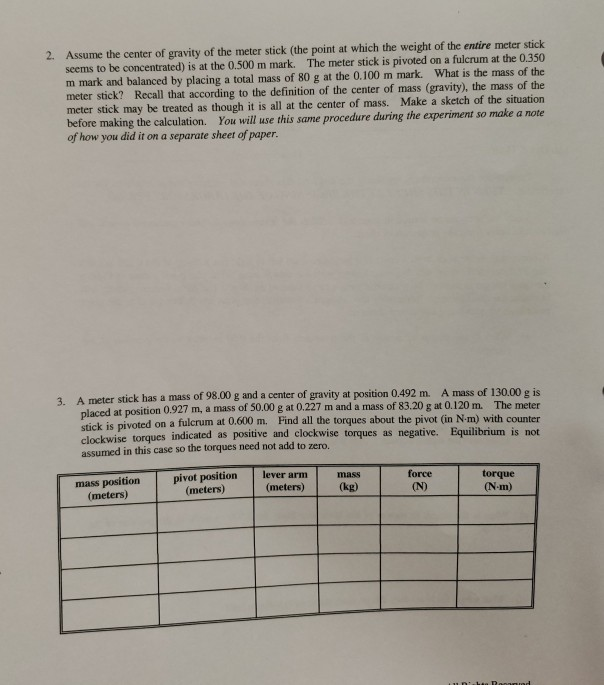 Solved PHYSICS 1101 EXPERIMENT #8 TORQUE PREPARATION SHEET | Chegg.com