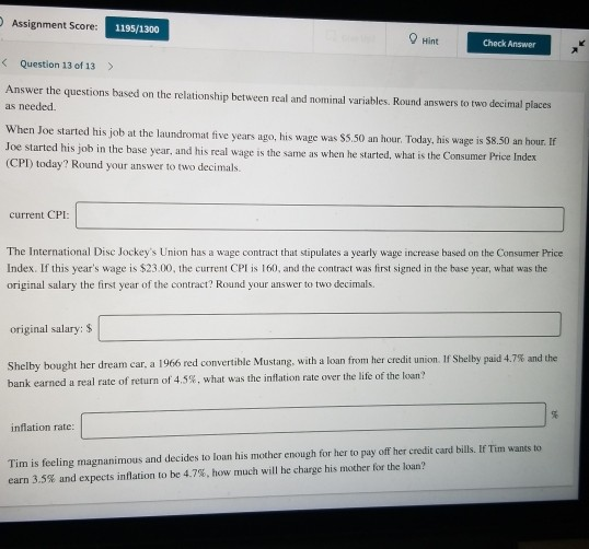Solved Assignment Score: 1195/1300 Hint Check Answer | Chegg.com