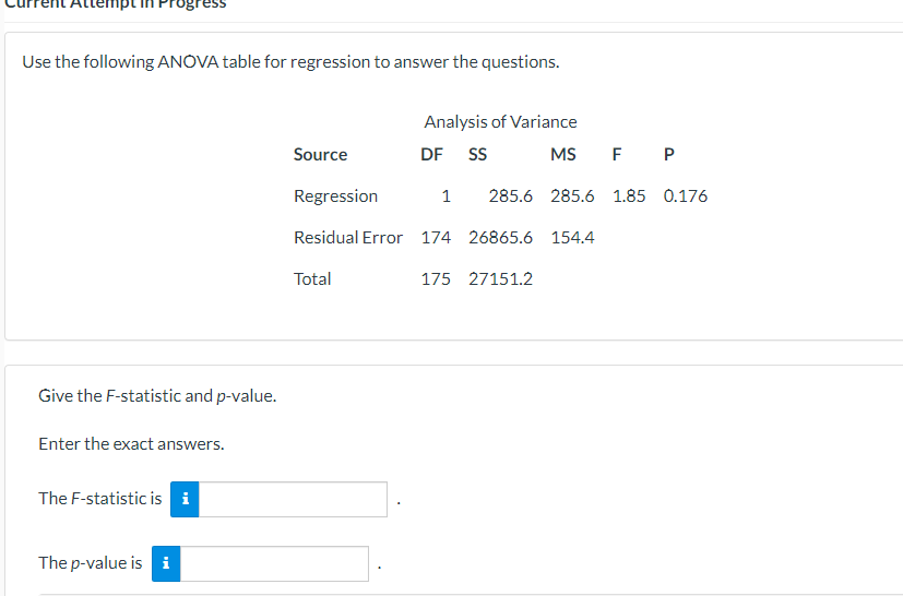 Solved Use the following ANOVA table for regression to | Chegg.com