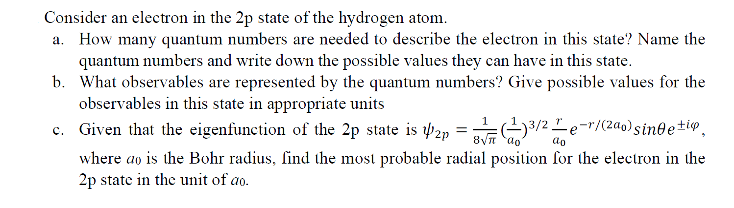 Solved Consider an electron in the 2p state of the hydrogen | Chegg.com