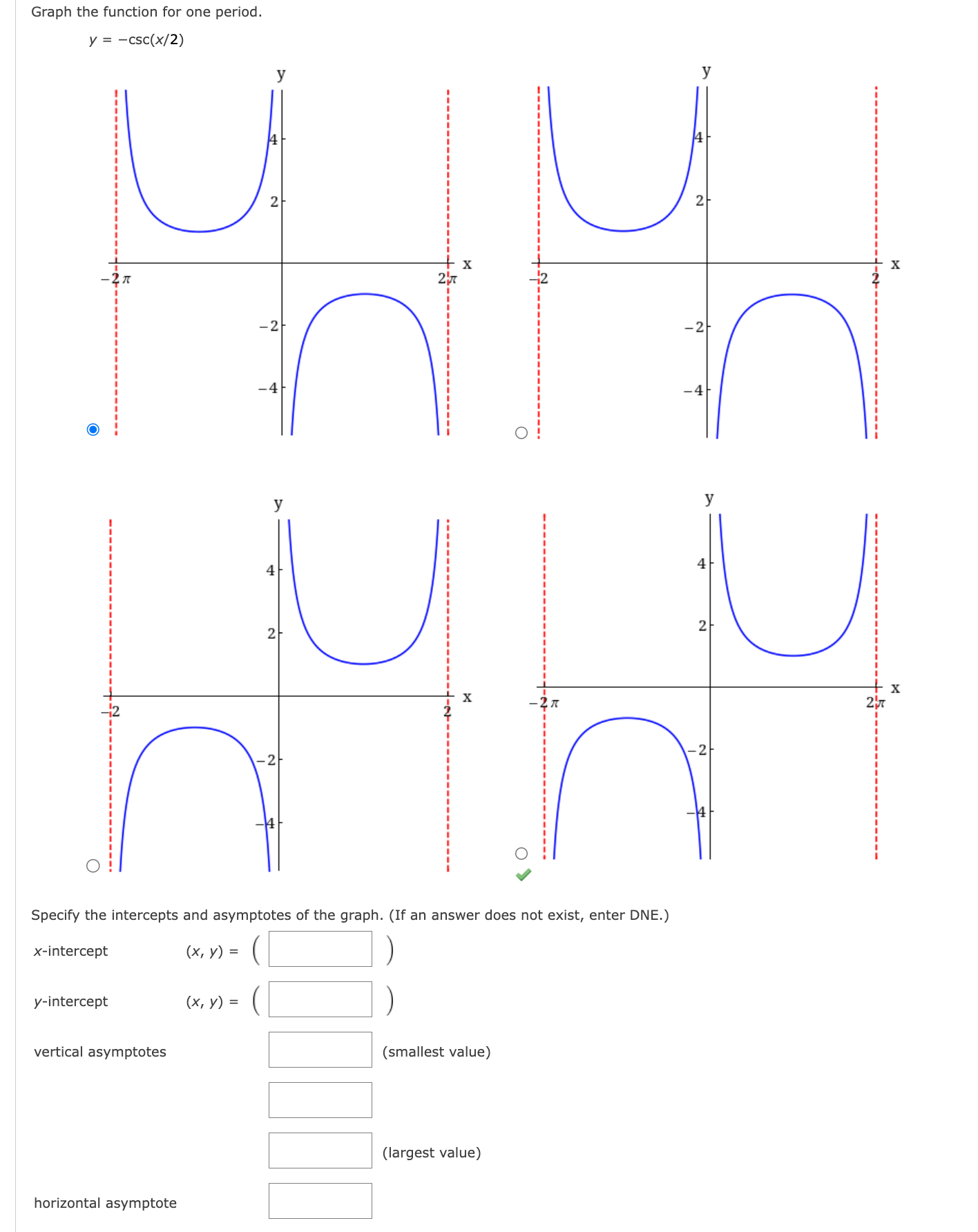 Solved Graph the function for one period. y=−csc(x/2) | Chegg.com