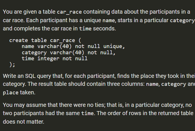 Solved You are given a table car_race containing data about | Chegg.com