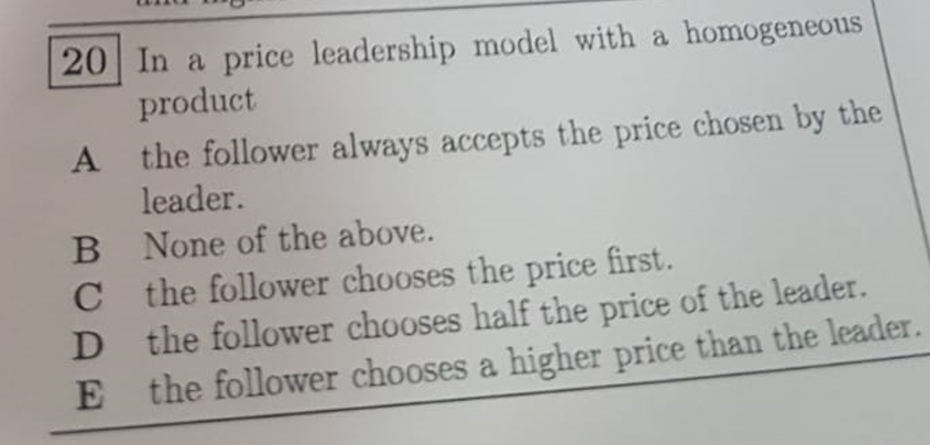 Solved 20 ﻿In a price leadership model with a | Chegg.com