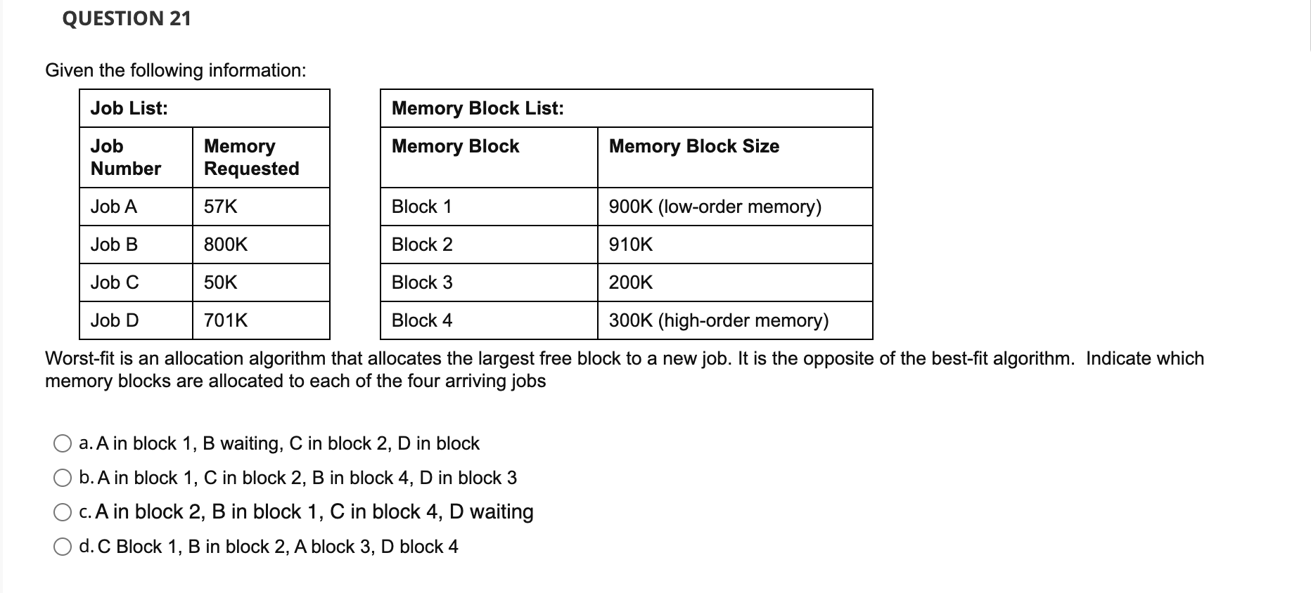 Solved Given the following information: Worst-fit is an | Chegg.com