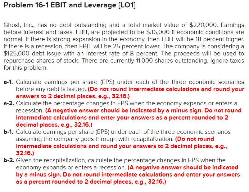 Solved Problem 16-1 EBIT and Leverage (LO1] Ghost, Inc., has | Chegg.com