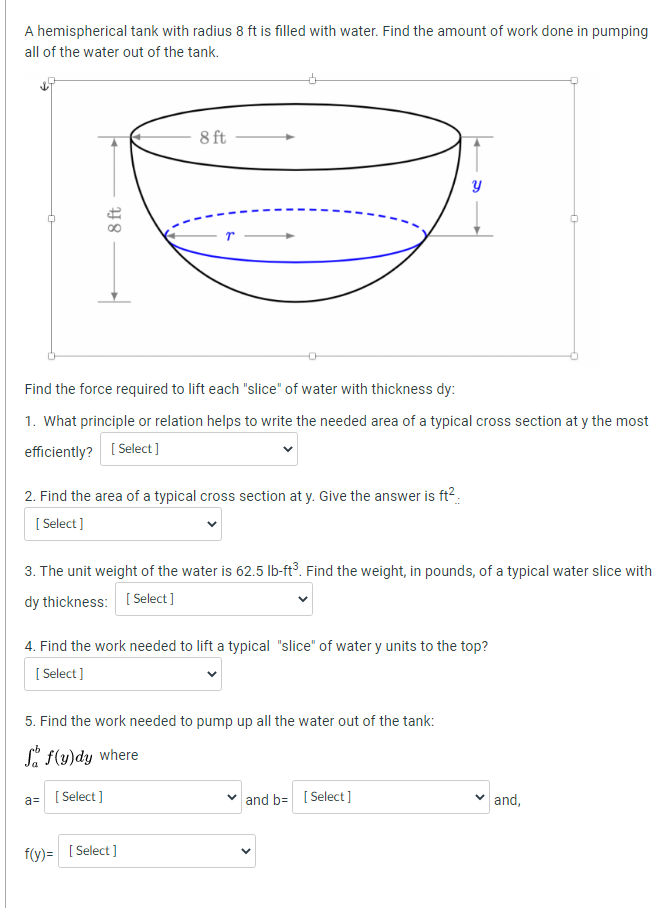 Solved A hemispherical tank with radius 8 ft is filled with | Chegg.com