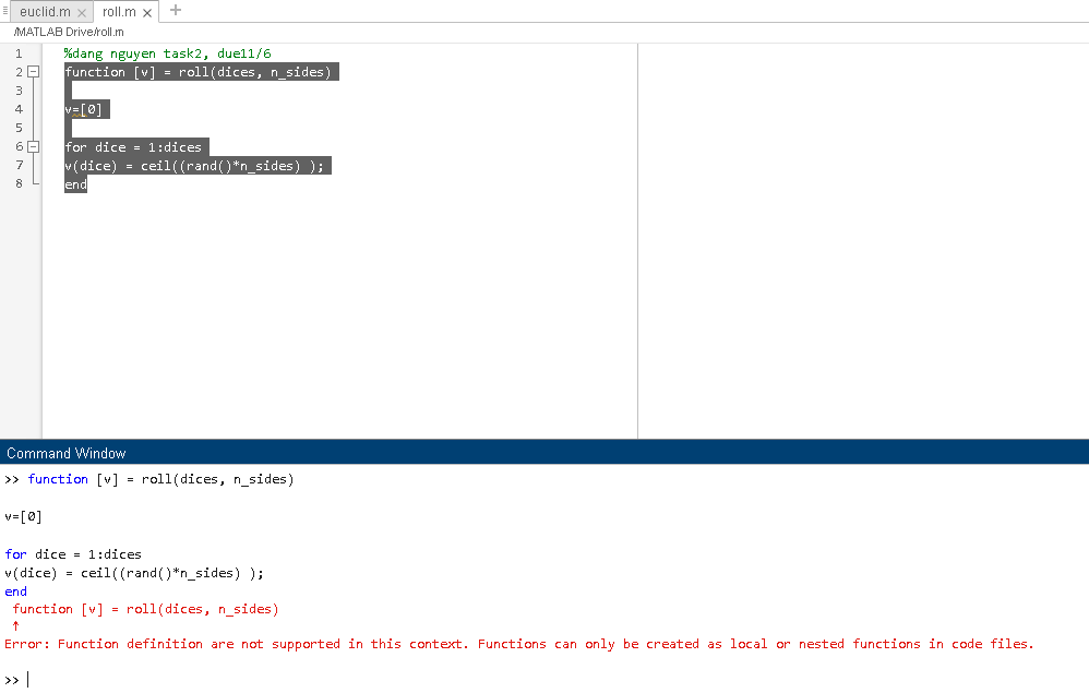Solved \%dang nguyen task2, duel1/6 function [ψ]=roll | Chegg.com