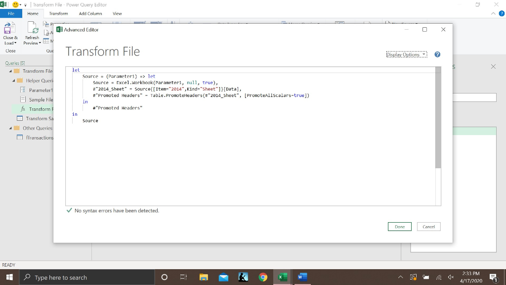 Solved X O File 2 ZO L . fTransactions - Power Ouery Editor | Chegg.com
