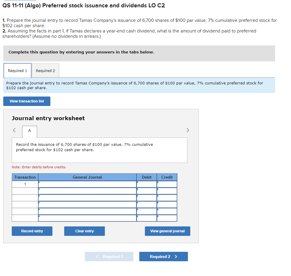 Solved QS 11-11 (Algo) Preferred stock issuance and | Chegg.com