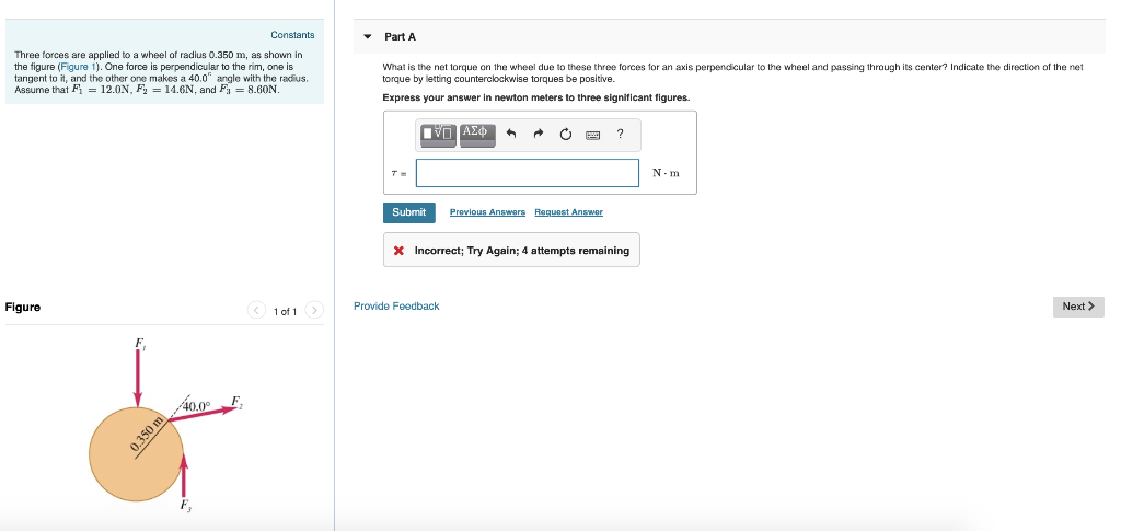 Solved Constants Part A Three forces are applied to a wheel | Chegg.com