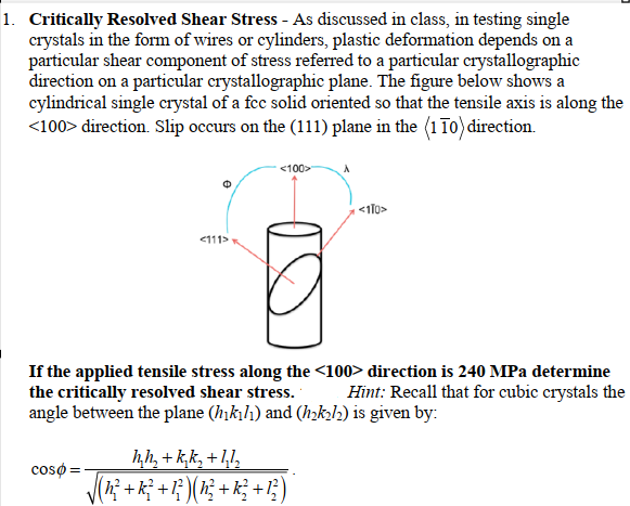 Solved Critically Resolved Shear Stress - As discussed in | Chegg.com