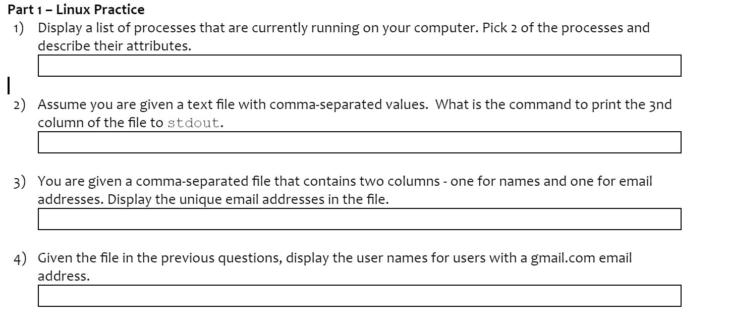 Part 1 - Linux Practice 1) Display a list of | Chegg.com