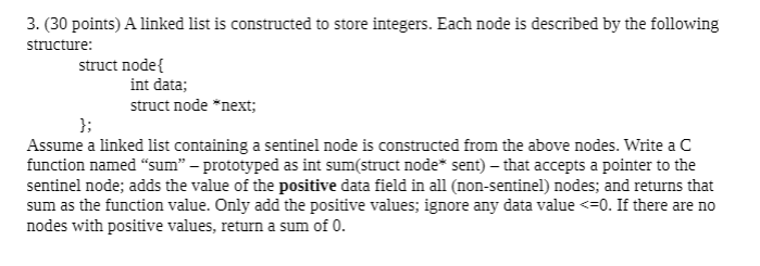 Solved 3. (30 points) A linked list is constructed to store | Chegg.com