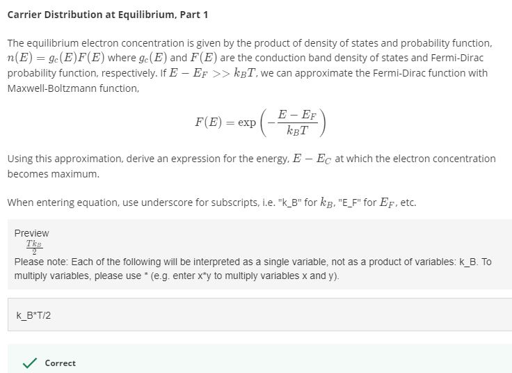 Solved Carrier Distribution at Equilibrium, Part 1 The | Chegg.com