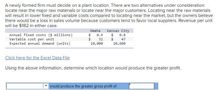 Solved A newly formed firm must decide on a plant location. | Chegg.com