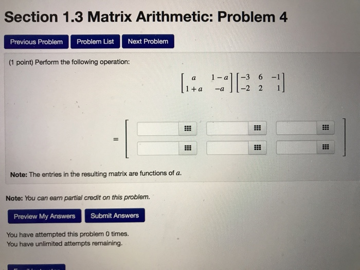 Solved Section 1.3 Matrix Arithmetic: Problem 3 Previous | Chegg.com