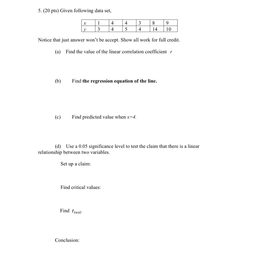 Solved 5. (20 pts) Given following data set, x 1 3 4 4 4. 5 | Chegg.com