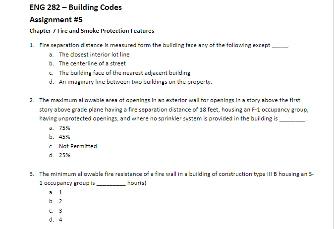 Solved ENG 282 - Building Codes Assignment #5 Chapter 7 Fire | Chegg.com