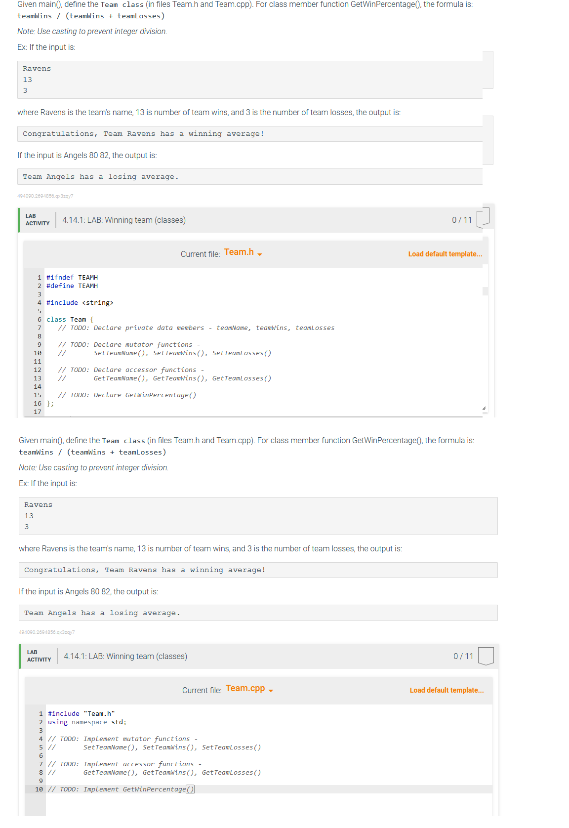 Solved Given main(), define the Team class (in files Team.h | Chegg.com