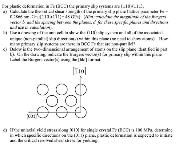 Solved For plastic deformation in Fe (BCC) the primary slip | Chegg.com