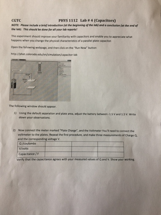 Solved PHYS 1112 Lab 4 (Capacitors) CGTC NOTE: Please | Chegg.com