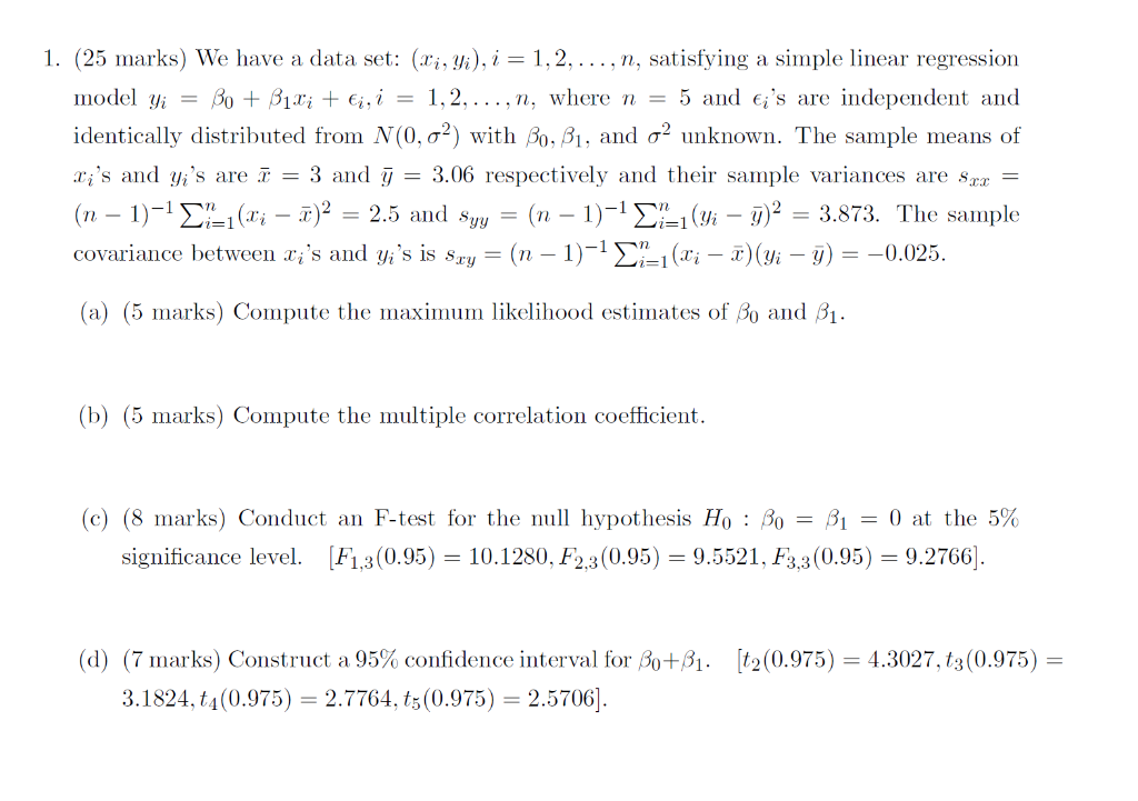 1. (25 marks) We have a data set: (xi,yi),i=1,2,…,n, | Chegg.com