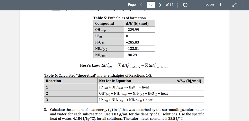 Solved Page 12 - ZÖOM Table 5: Enthalpies of formation. ΔΗ/ | Chegg.com