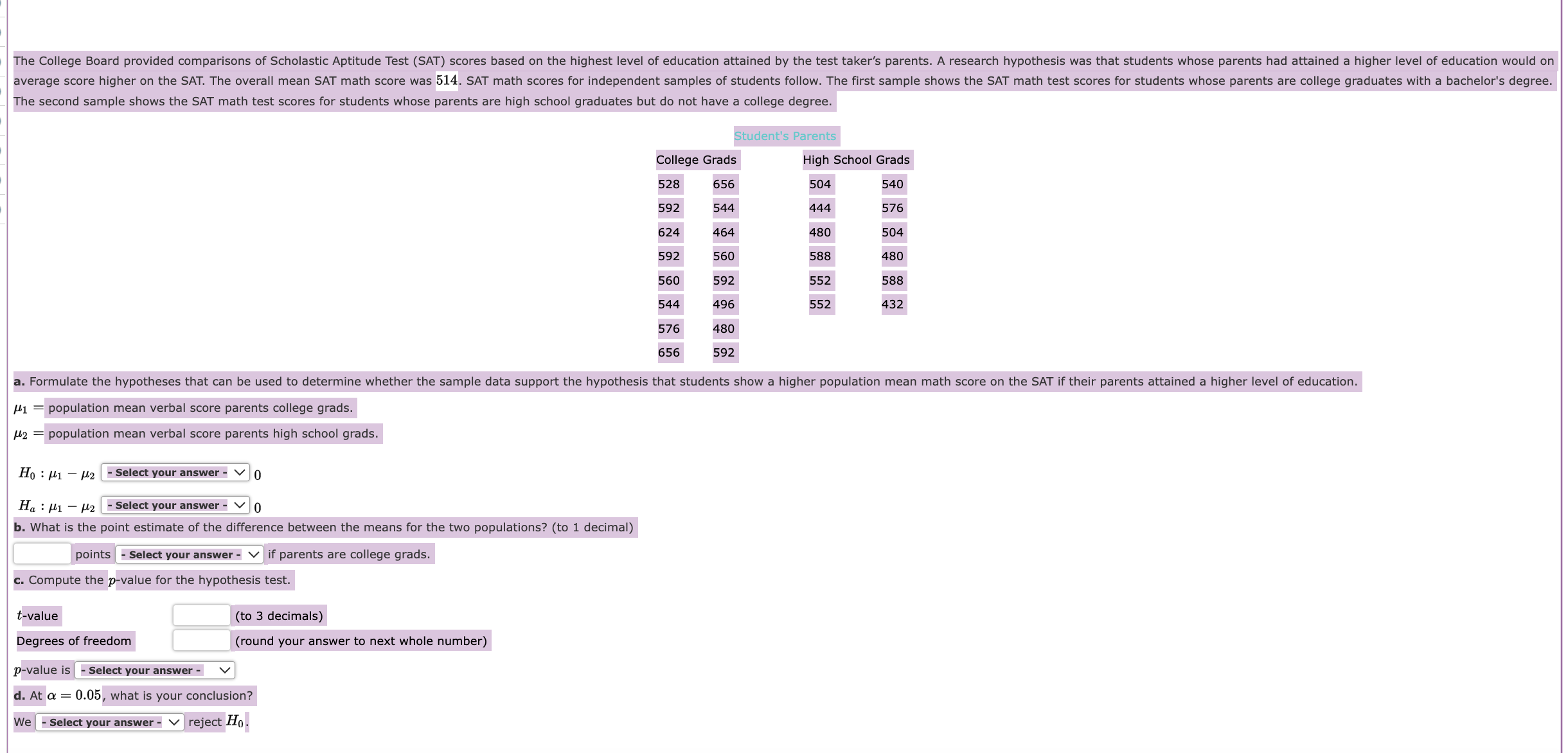 Solved The second sample shows the SAT math test scores for | Chegg.com