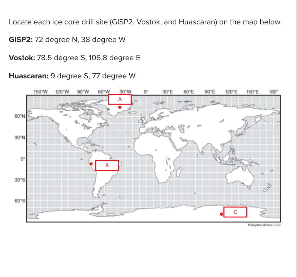 Solved Locate each ice core drill site (GISP2, Vostok, and | Chegg.com