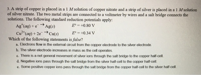 Solved 3. A strip of copper is placed in a 1 M solution of | Chegg.com