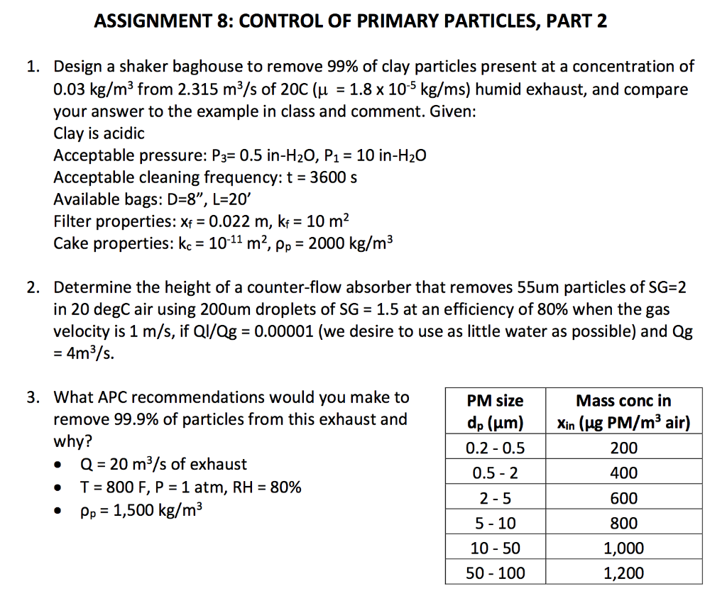 ASSIGNMENT 8: CONTROL OF PRIMARY PARTICLES, PART 2 1. | Chegg.com