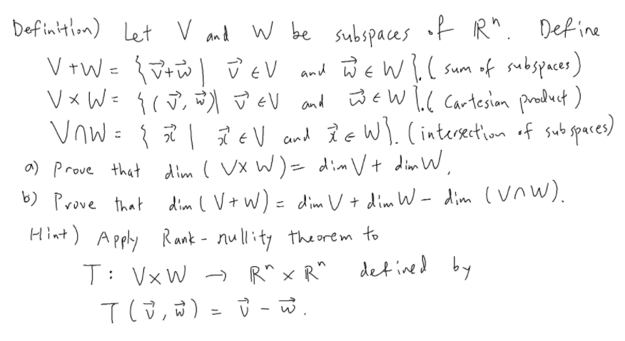 Solved Definition) Let V and W be subspaces of IR". Define | Chegg.com