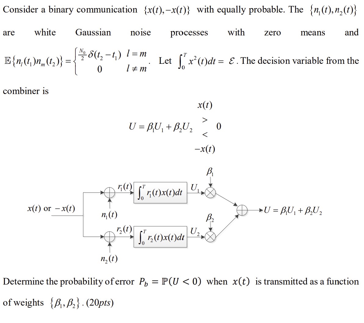 Consider a binary communication {x(t),−x(t)} with | Chegg.com