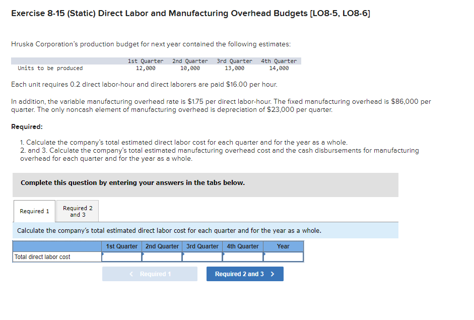 Solved Exercise 8-15 (Static) ﻿Direct Labor and | Chegg.com