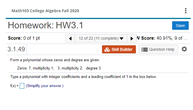 Solved Math 103 College Algebra Fall 2020 Homework: HW3.1 | Chegg.com