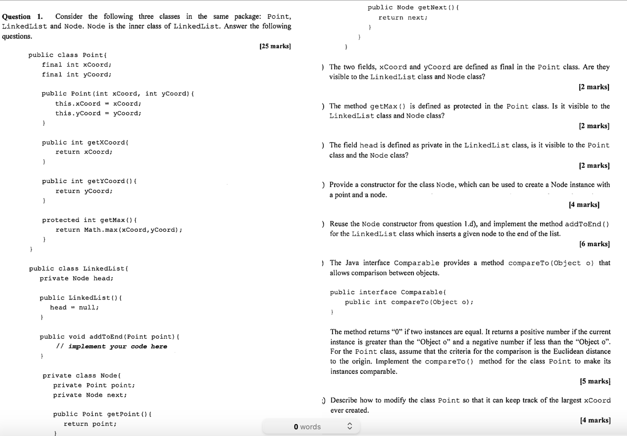 Solved public Node getNext() { return next; } } Question 1. | Chegg.com