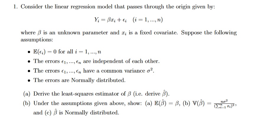 Solved Consider the linear regression model that passes | Chegg.com