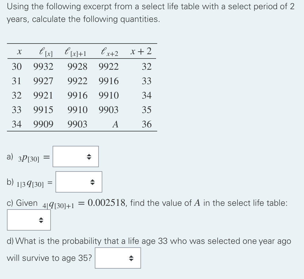Solved Using the following excerpt from a select life table | Chegg.com
