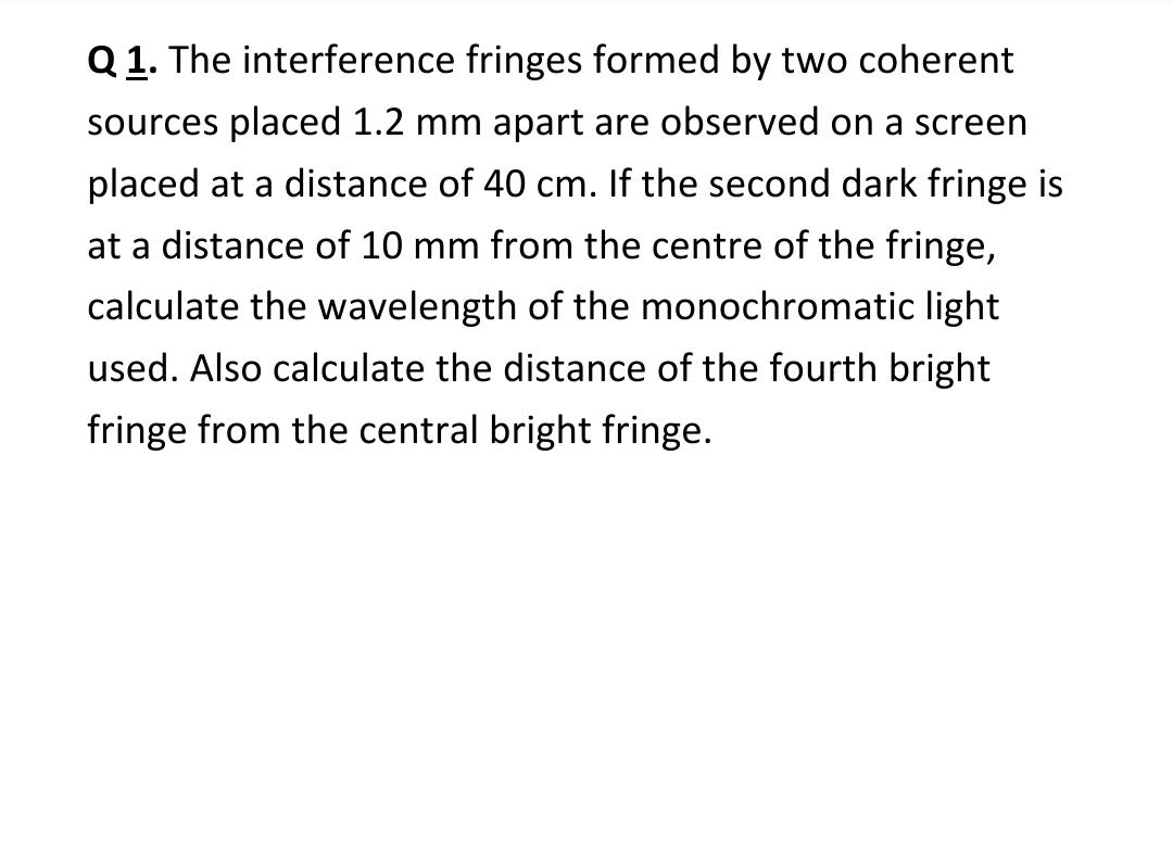 Solved Q 1. The interference fringes formed by two coherent | Chegg.com