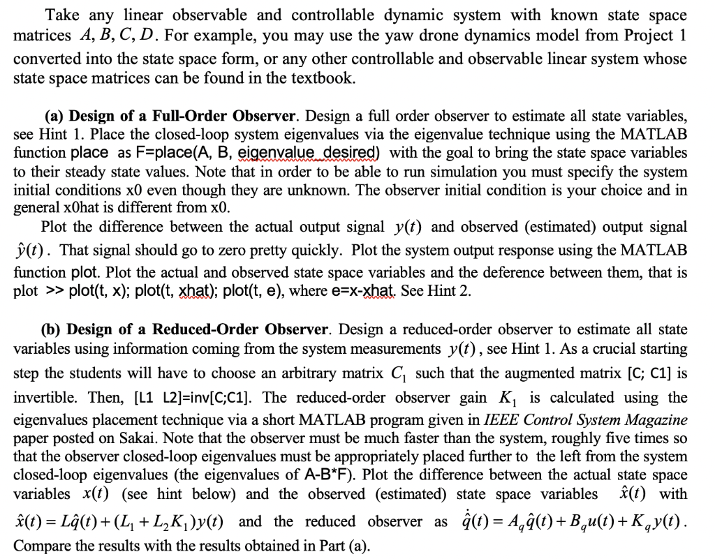Take any linear observable and controllable dynamic | Chegg.com