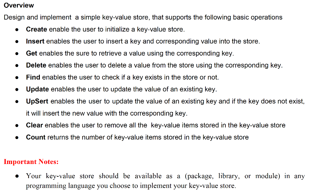 Solved Overview Design and implement a simple key-value | Chegg.com
