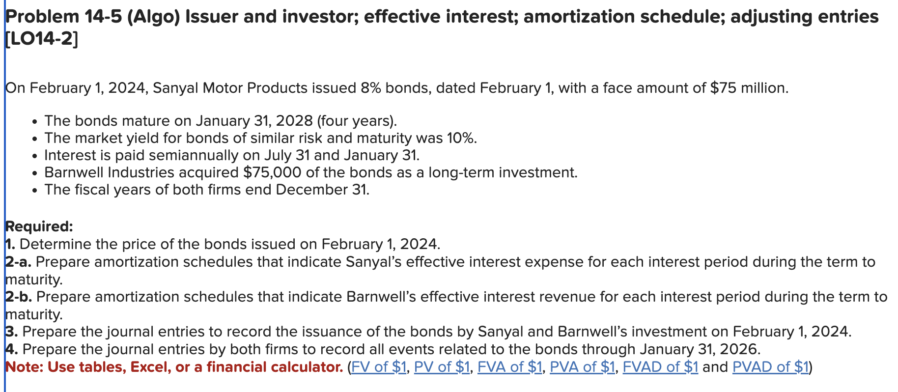 Solved Problem 14-5 (Algo) Issuer and investor; effective | Chegg.com