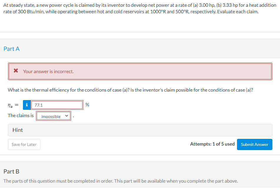 Solved At steady state, a new power cycle is claimed by its | Chegg.com