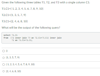 Solved Given the following three tables T1, T2, and T3 with | Chegg.com